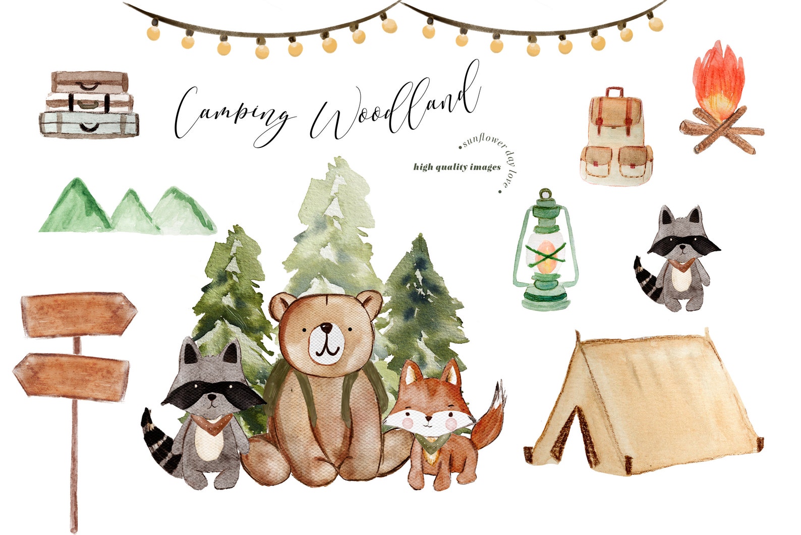 Nursery Camping Woodland Animals Watercolor Clipart Cute Bear - Etsy