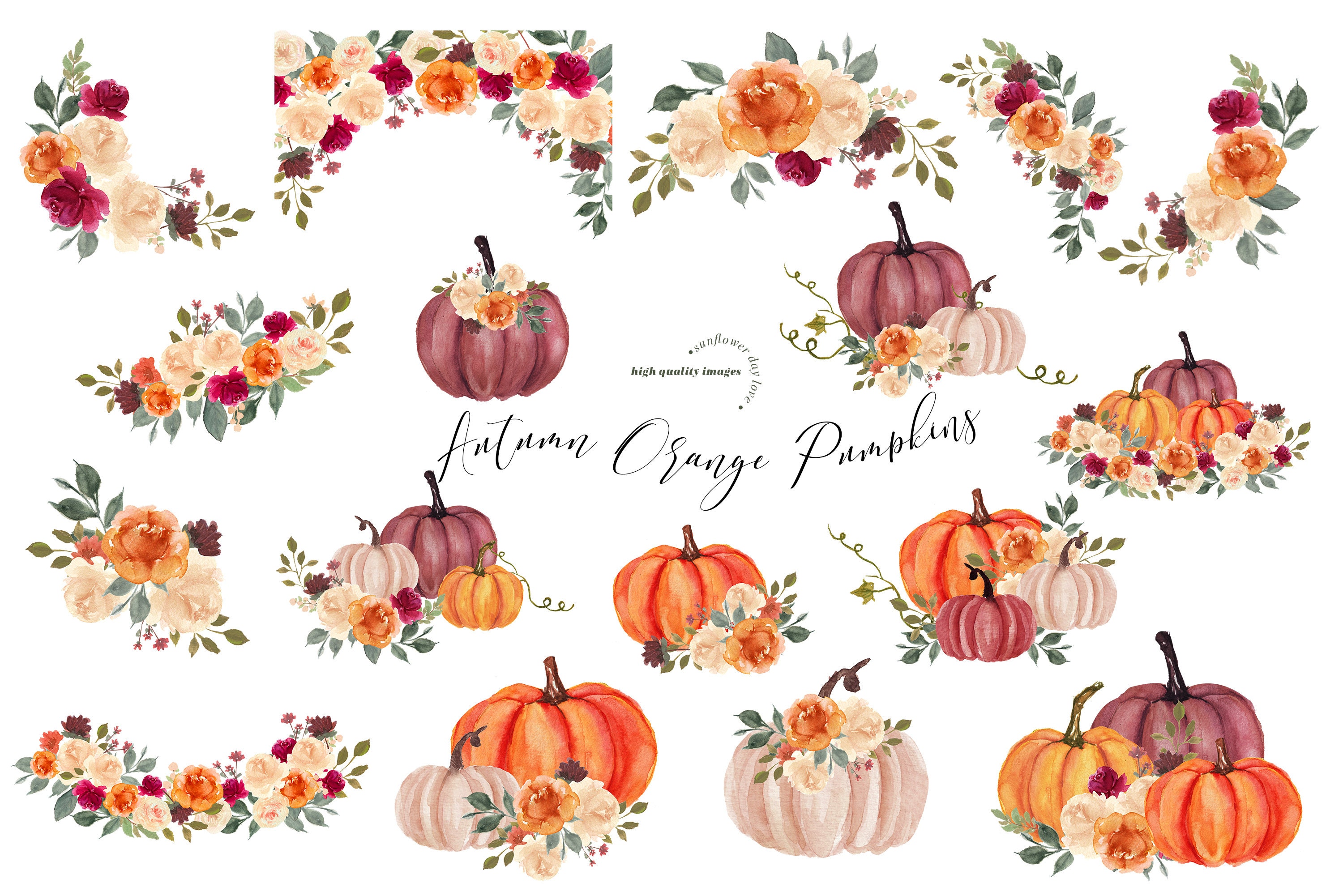 Fall Autumn Orange Pumpkins Clipart, Pumpkin Watercolor Clipart, Burnt ...