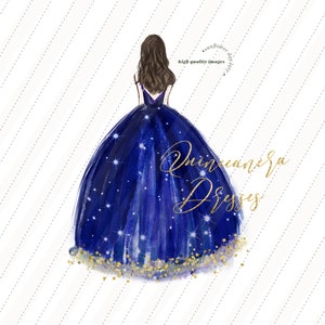 Navy Gold Princess Watercolor Clipart, Elegant Navy Quinceañera Clipart ...