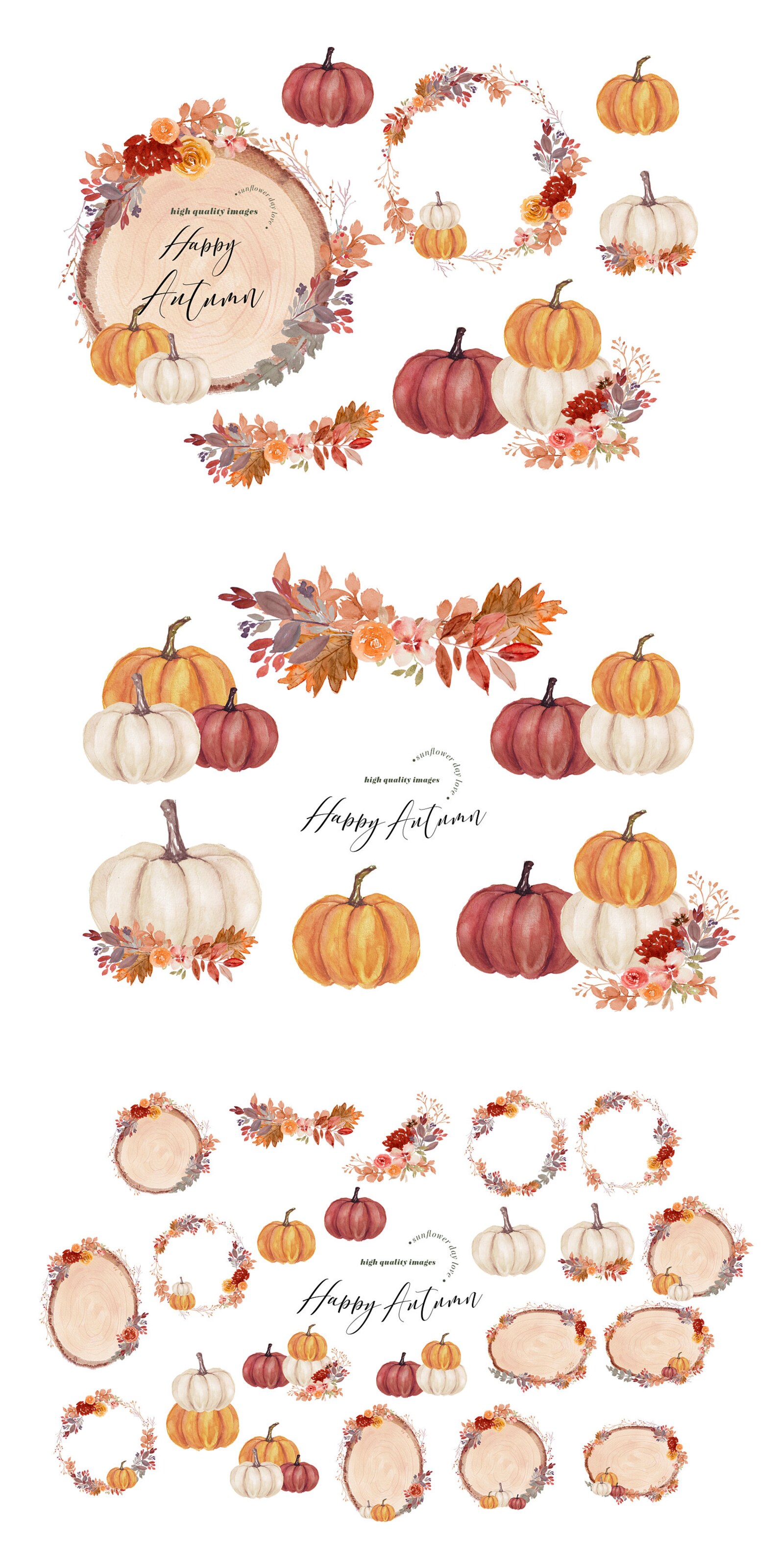 Rustic Orange Pumpkin Frame Wood Slices Flowers Clipart Happy - Etsy