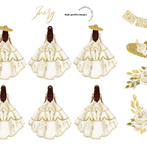 Ivory White Gold Princess Dresses Watercolor Clipart, Ivory White Gold ...