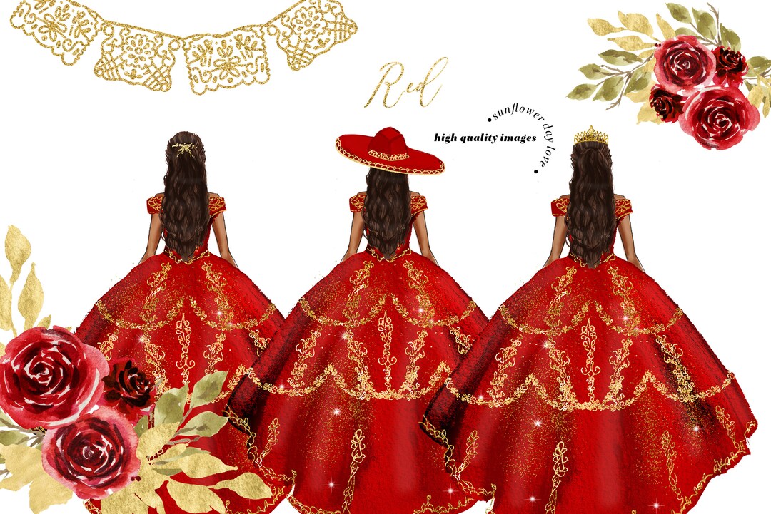 Red Miss Quince Clipart, Wedding Princess Dresses - Black Clipart ...