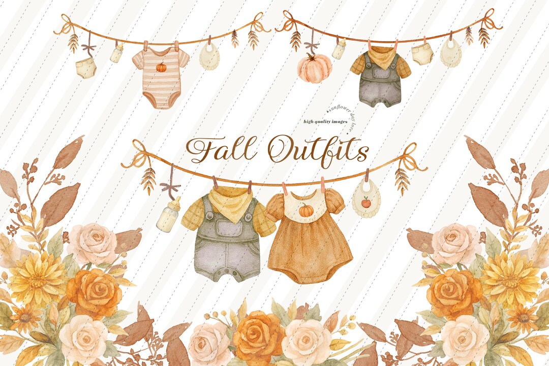 Watercolor Fall Outfits Clipart, Rustic Floral Boho Autumn Baby ...