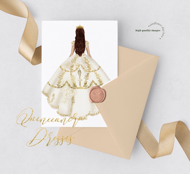 Elegant Ivory White Princess Watercolor Clipart, White Gold Quinceañera ...