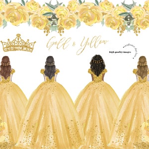 Gold & Yellow Princess Dresses Quinceañera, Yellow Flowers Watercolor ...