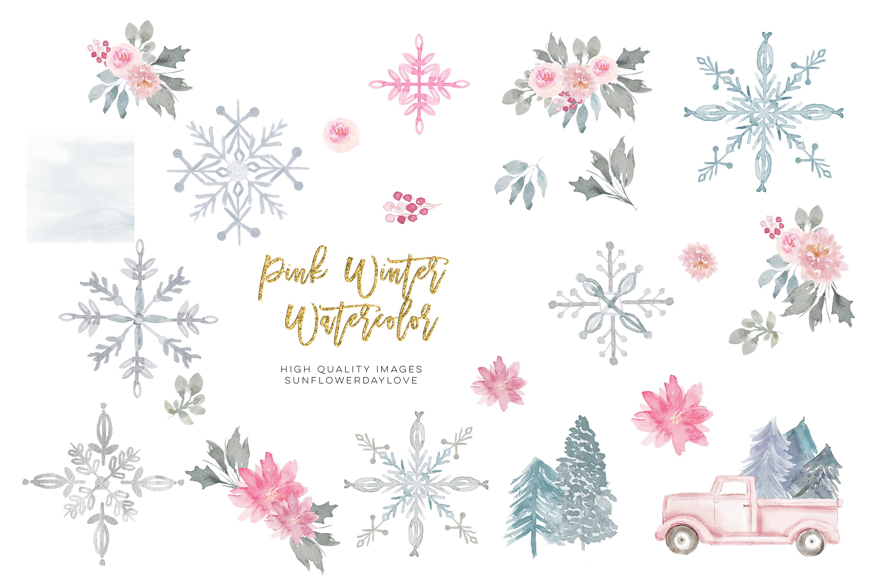 Pink Christmas clipart floral Pink watercolor clipart hand | Etsy