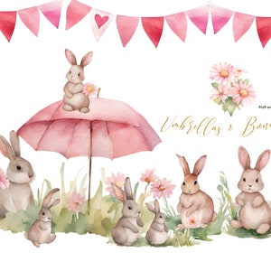 Pink Umbrellas and Bunnies Clipart, Pink Flowers Rain Boots Watercolor ...