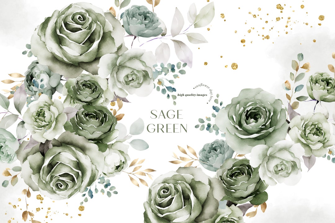 Watercolor Sage Green Flowers Bouquets Birthday Clipart, Elegant Sage ...