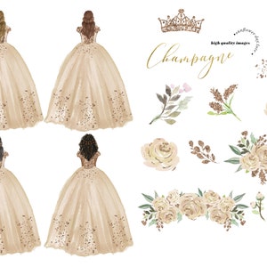 Elegant Champagne Princess Dresses Quinceanera Watercolor Clipart ...
