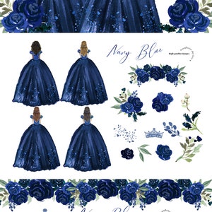 Navy Blue Princess Dresses Watercolor Clipart, Navy Blue Quinceañera ...
