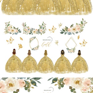 Elegant Gold Princess Dresses Quinceanera White Flowers Watercolor ...