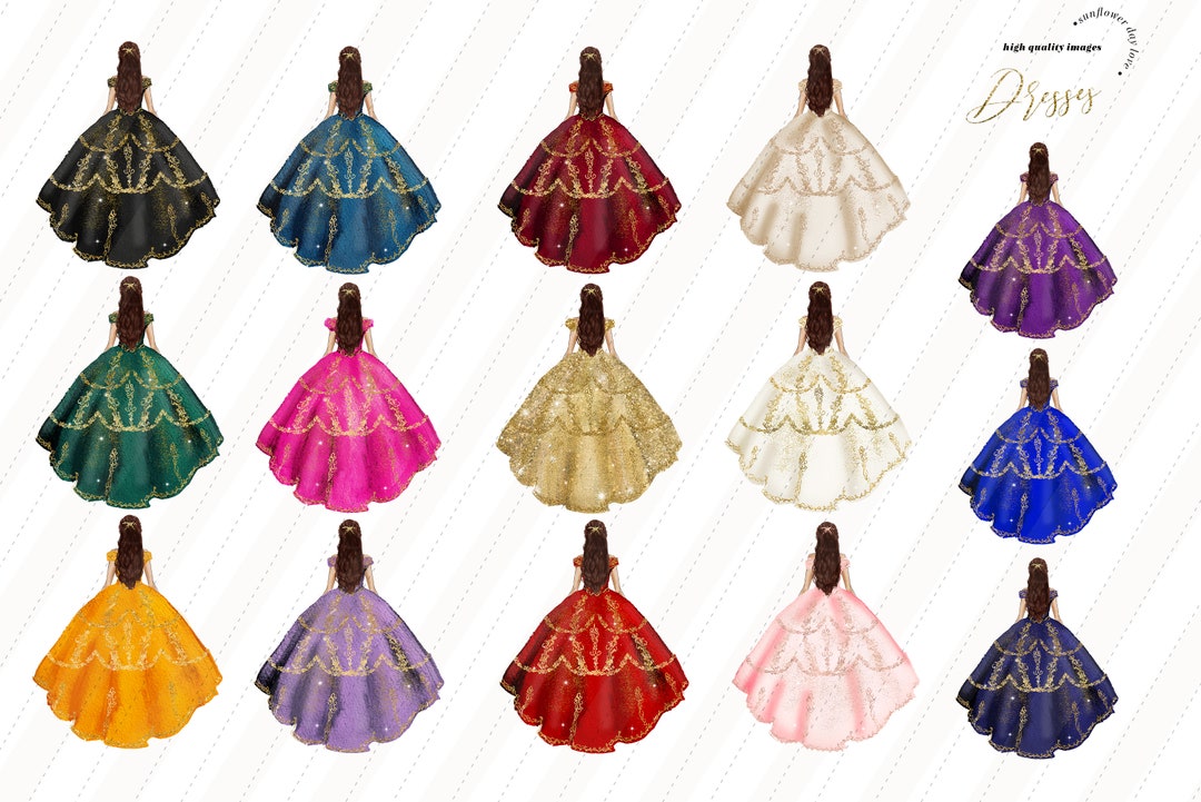 Colorful Princess Dresses Bundle Watercolor Clipart, Red Blue Purple ...