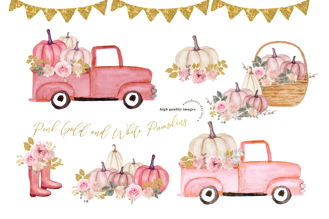 Pink White Autumn Pumpkin Truck Clipart, Watercolor Dusty Pink Flowers ...