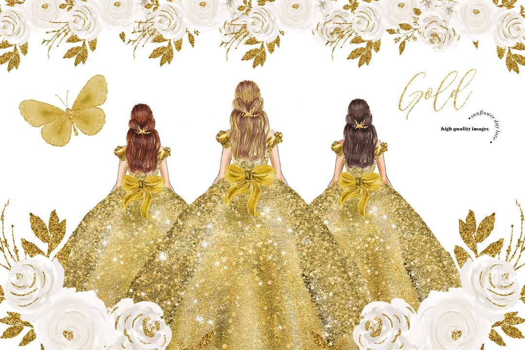 Elegant Gold Princess Dresses Quinceañera White Flowers Watercolor ...