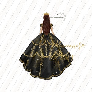 Elegant Black Princess Watercolor Clipart, Black & Gold Quinceañera ...