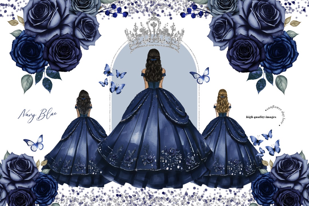 Navy Blue Princess Dress Butterfly Floral Clipart, Navy Blue Flowers ...