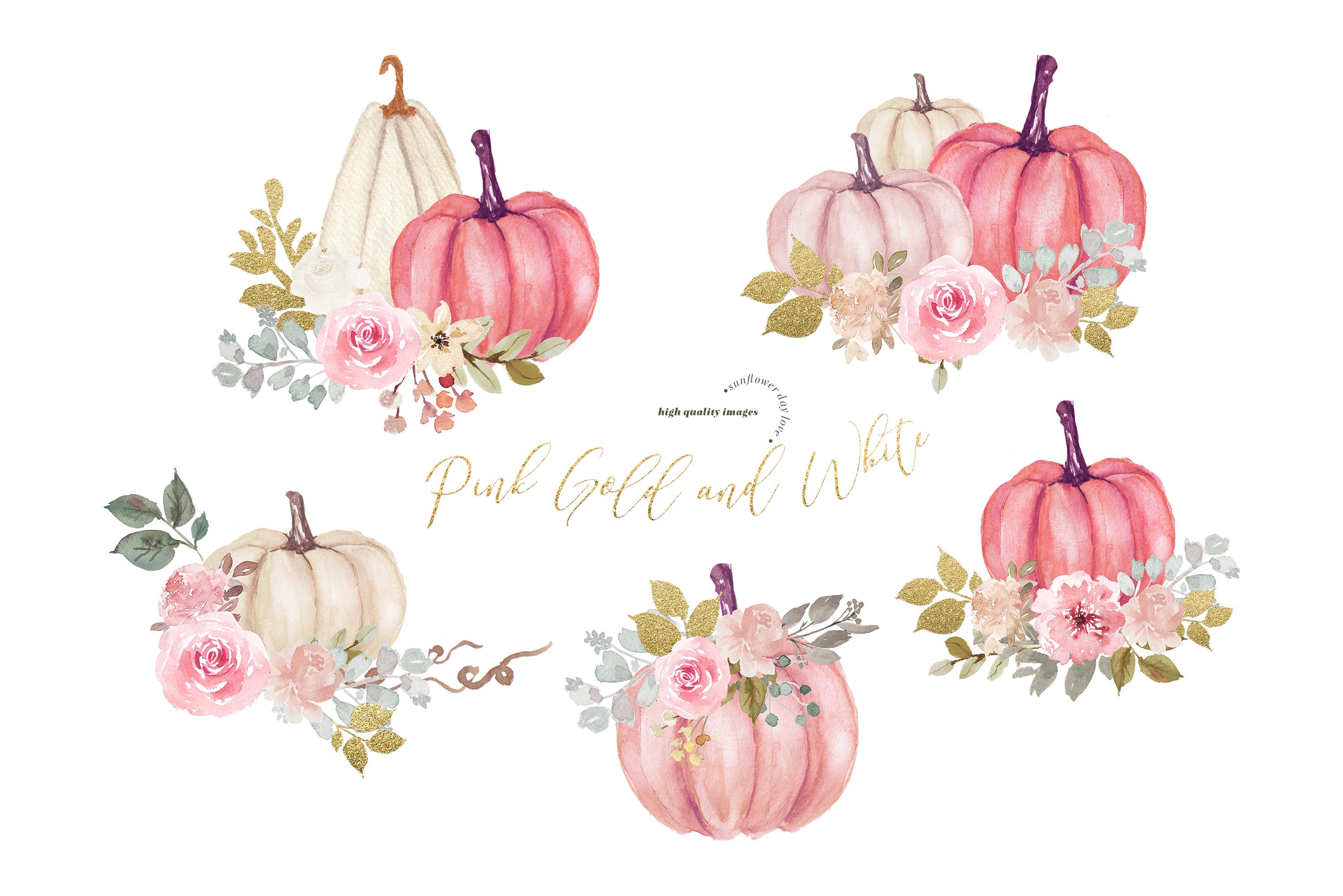 Modern Pink & Gold Glitter Flowers Pumpkin Clipart Elegant - Etsy