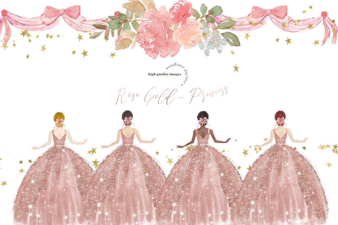 Modern Rose Gold Princess Dresses Pink Flowers Watercolor - Etsy