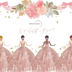 Modern Rose Gold Princess Dresses Pink Flowers Watercolor Clipart ...