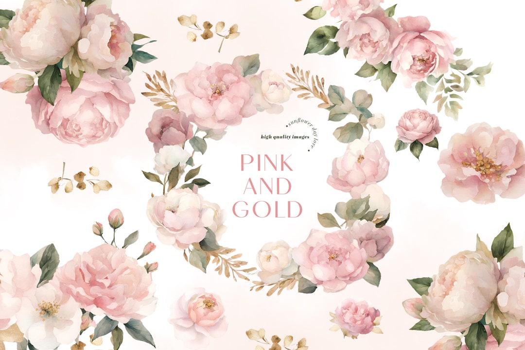 Watercolor Pink & Gold Flowers Clipart, Greenery Floral Clipart, Pink ...