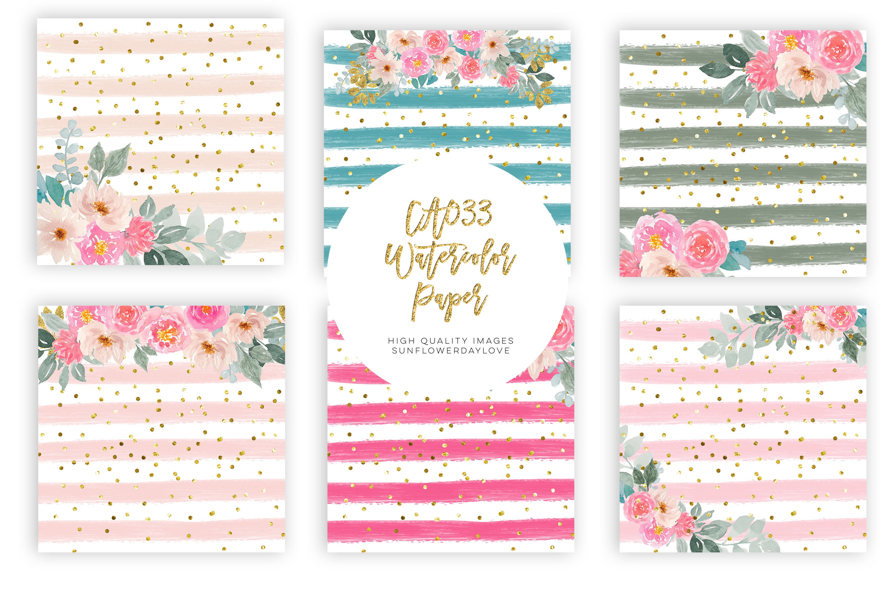 Pink Floral Digital Paper Pack Gold glitter Hand Drawn | Etsy