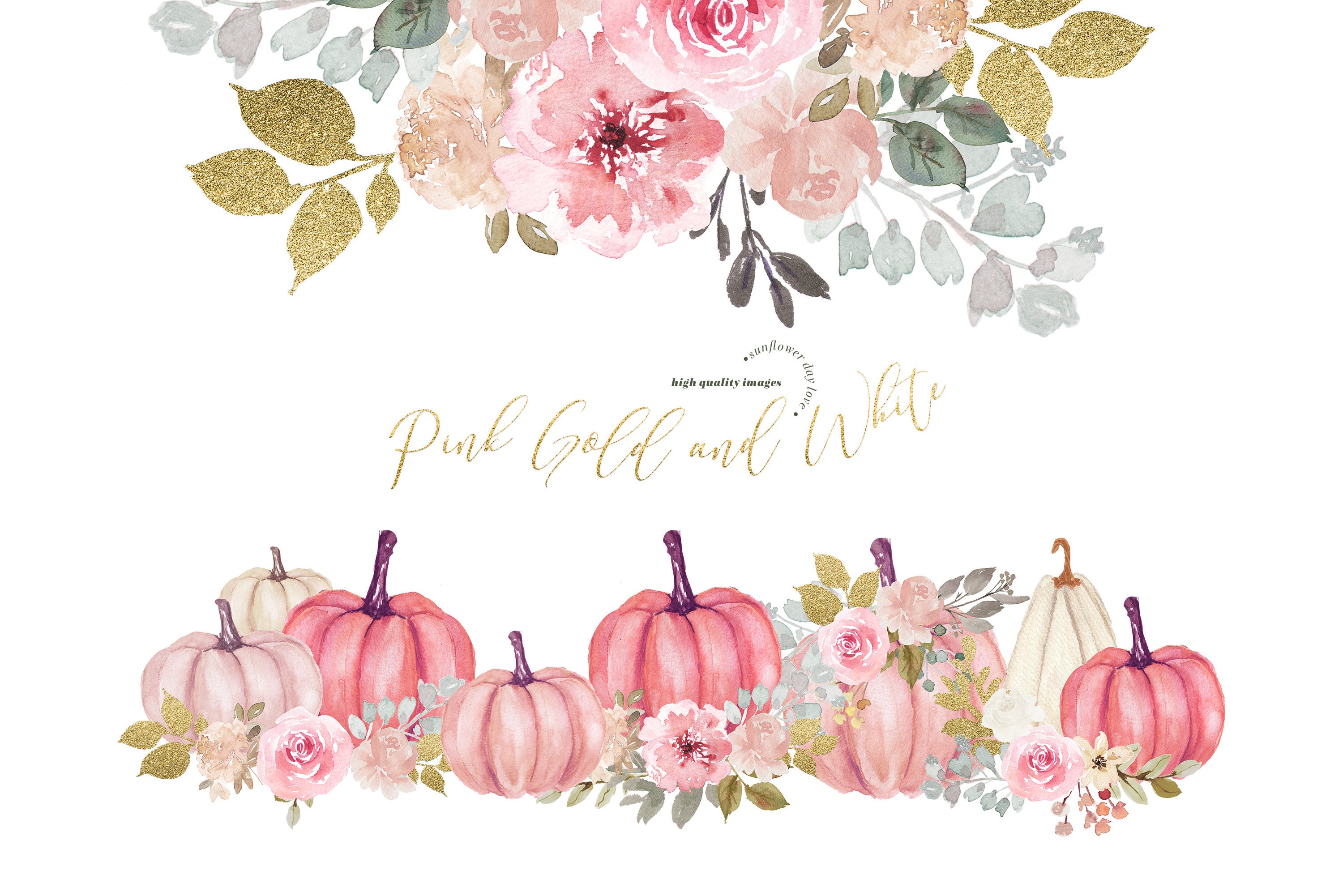 Modern Pink & Gold Glitter Flowers Pumpkin Clipart Elegant - Etsy