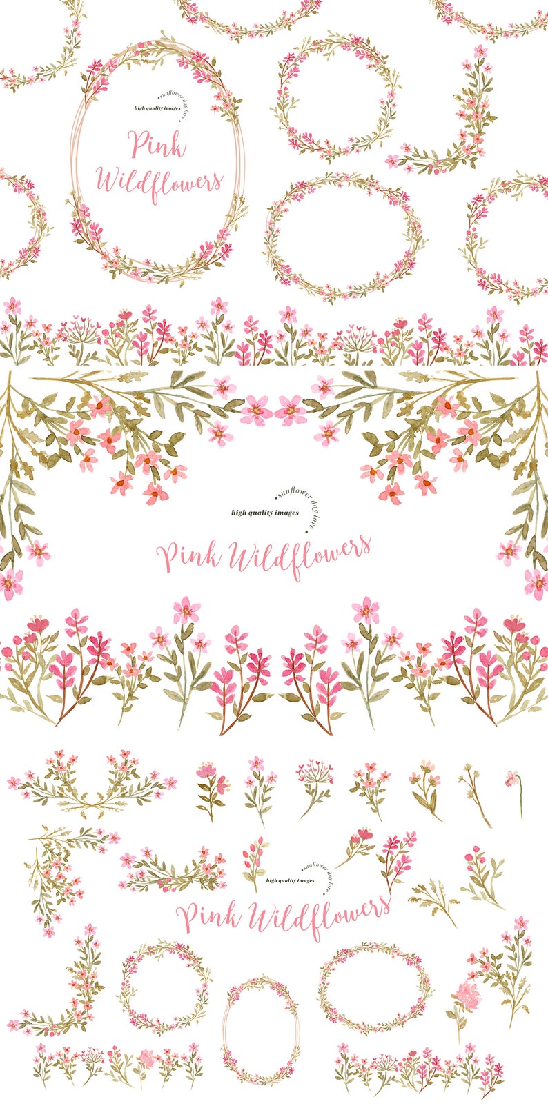 Pink Wildflower Watercolor Clipart Pink Flowers Frame - Etsy