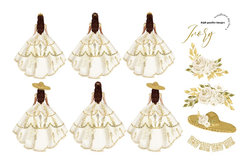 Ivory White Gold Princess Dresses Watercolor Clipart Ivory - Etsy