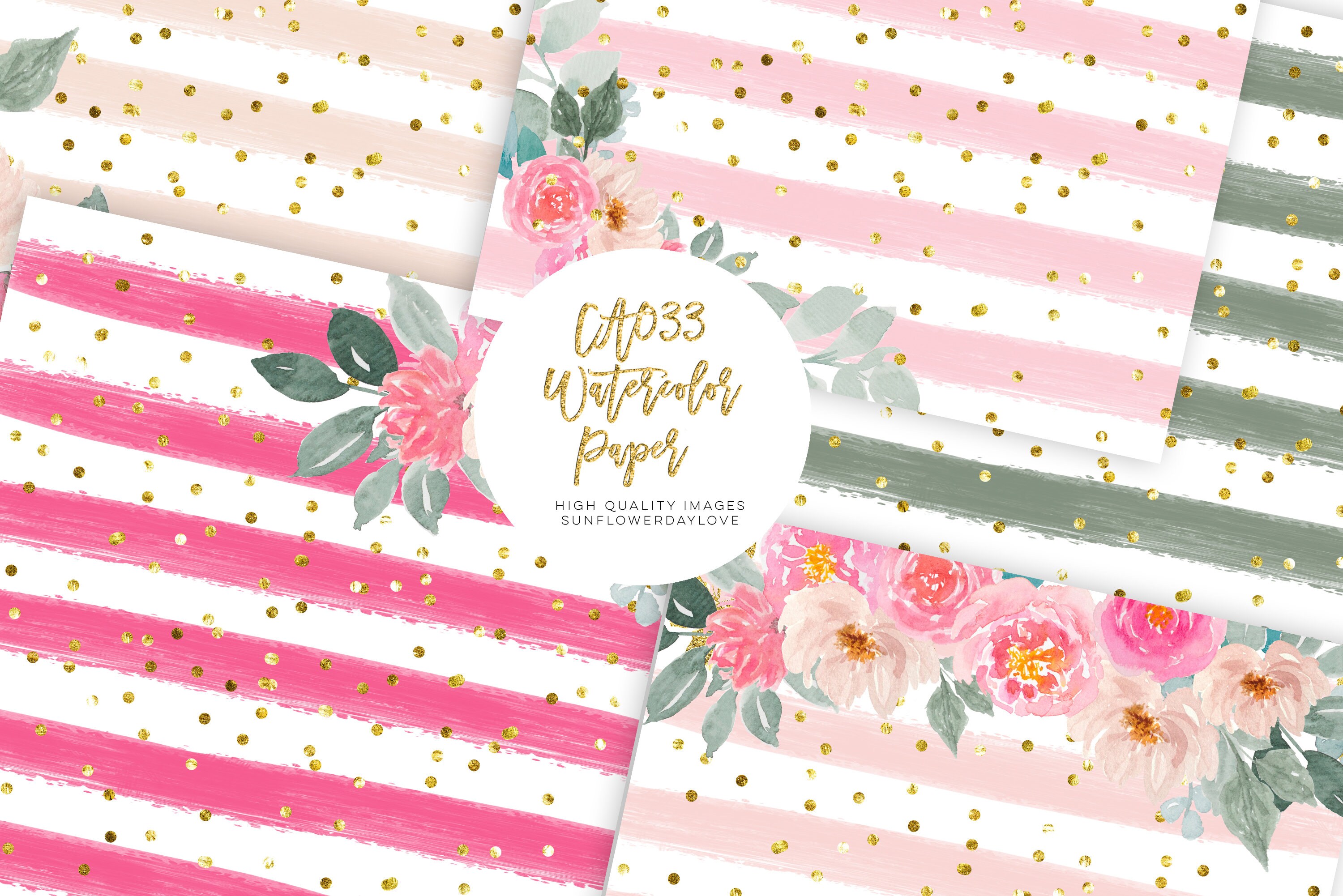 Pink Floral Digital Paper Pack Gold glitter Hand Drawn | Etsy