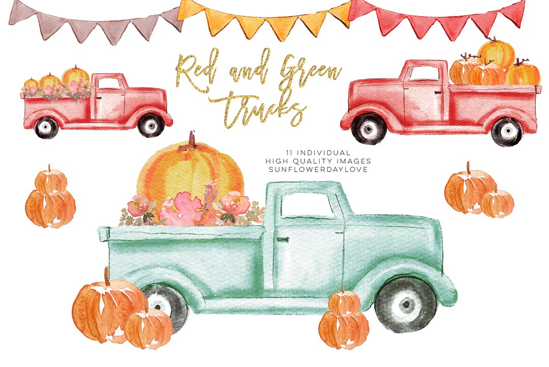Pumpkin Truck Clipart, Watercolor Red Truck Pumpkins, Country Pumpkin ...