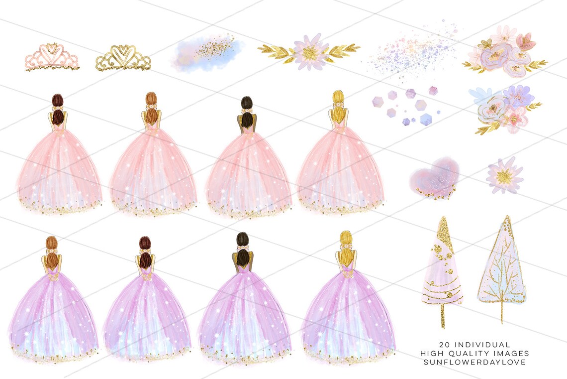 Pink Gold Princess Clip Art Fashion Clipart Quinceañera | Etsy