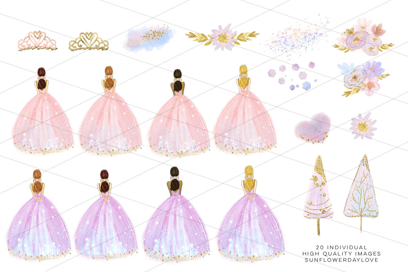Pink Gold Princess Clip Art Fashion Clipart Quinceañera | Etsy