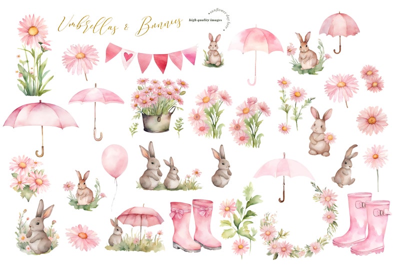 Pink Umbrellas and Bunnies Clipart, Pink Flowers Rain Boots Watercolor ...