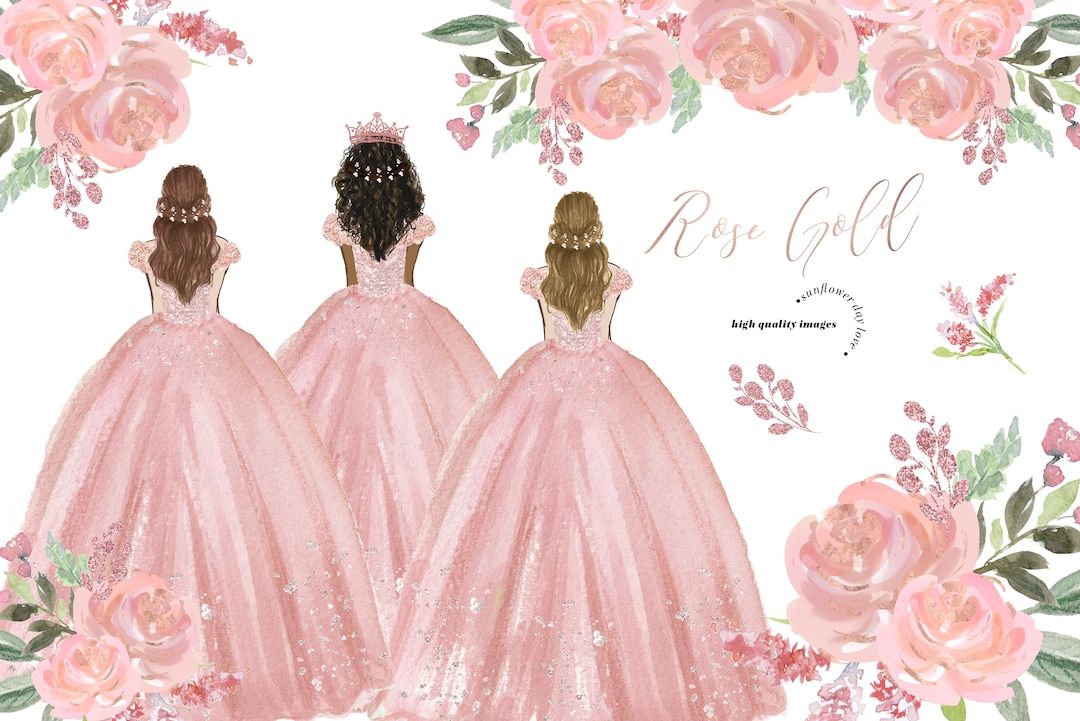 Rose Gold Princess Dresses Quinceañera, Rose Gold Flowers Watercolor ...