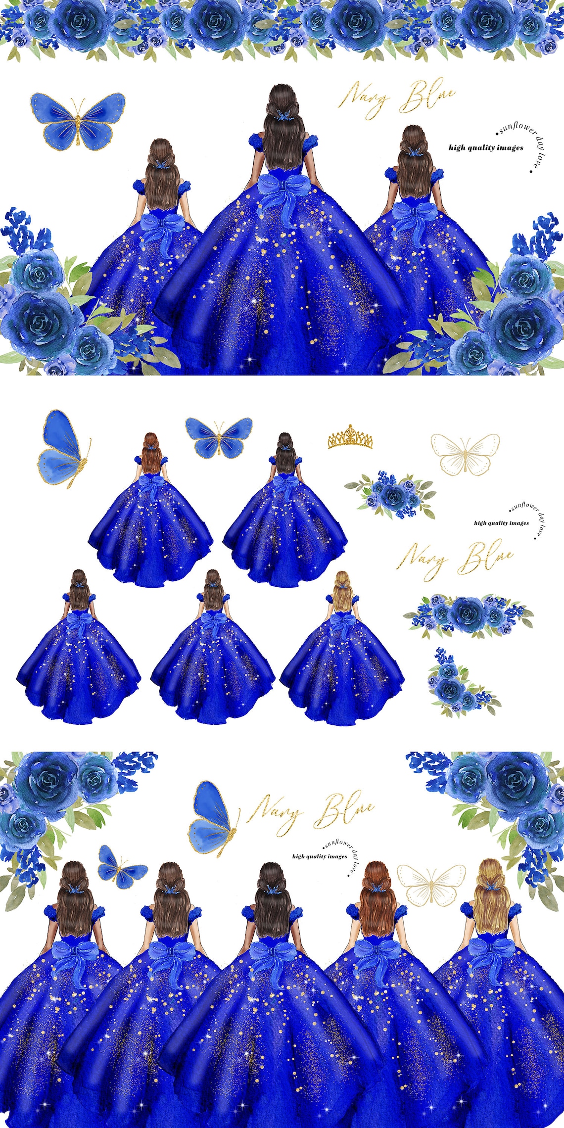 Navy Blue Princess Dresses Watercolor Clipart Navy Blue - Etsy