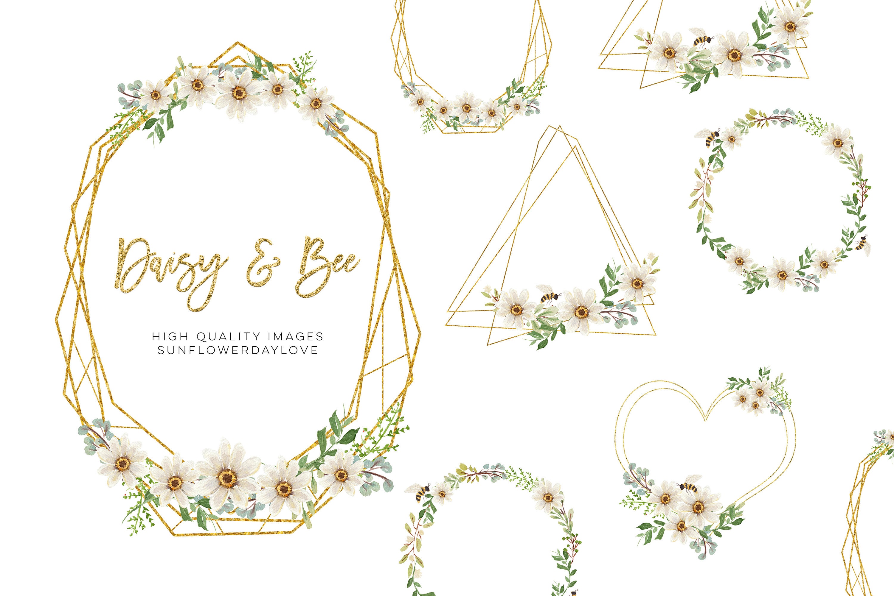 Daisies & Bee Frame Watercolor Clipart Greeting Cards Bee - Etsy