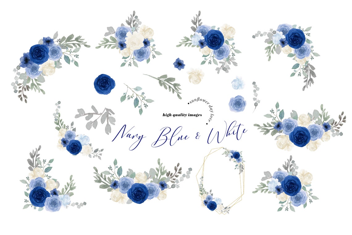 Navy Blue Watercolor Floral Clipart Navy Blue Flowers - Etsy