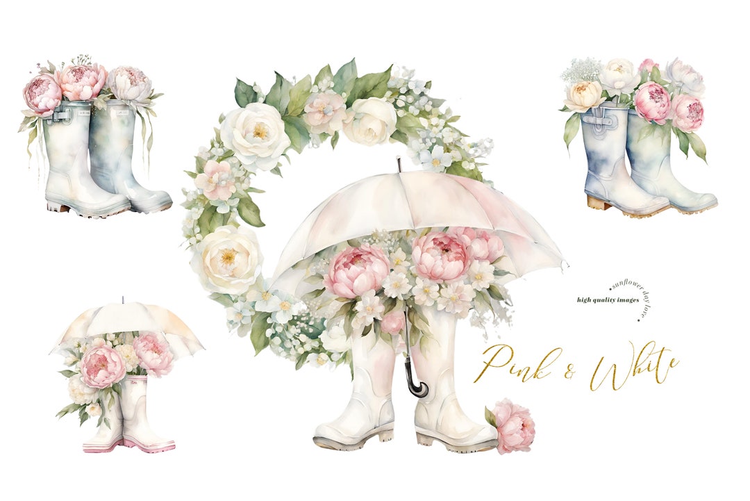 Pink & White Flowers Rain Boots Watercolor Clipart, Rainy Boots White ...