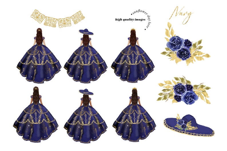 Navy Blue Princess Dresses Watercolor Clipart Navy Blue - Etsy