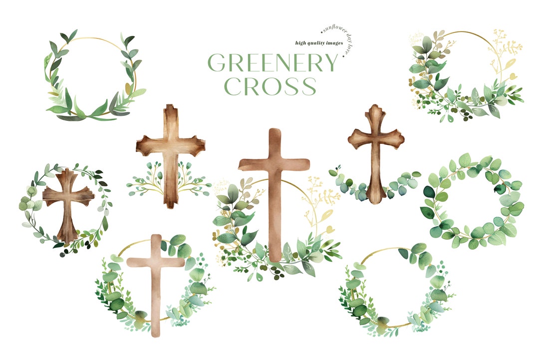 Greenery Floral Easter Cross Baptism Clipart, Greenery Flowers Rustic ...