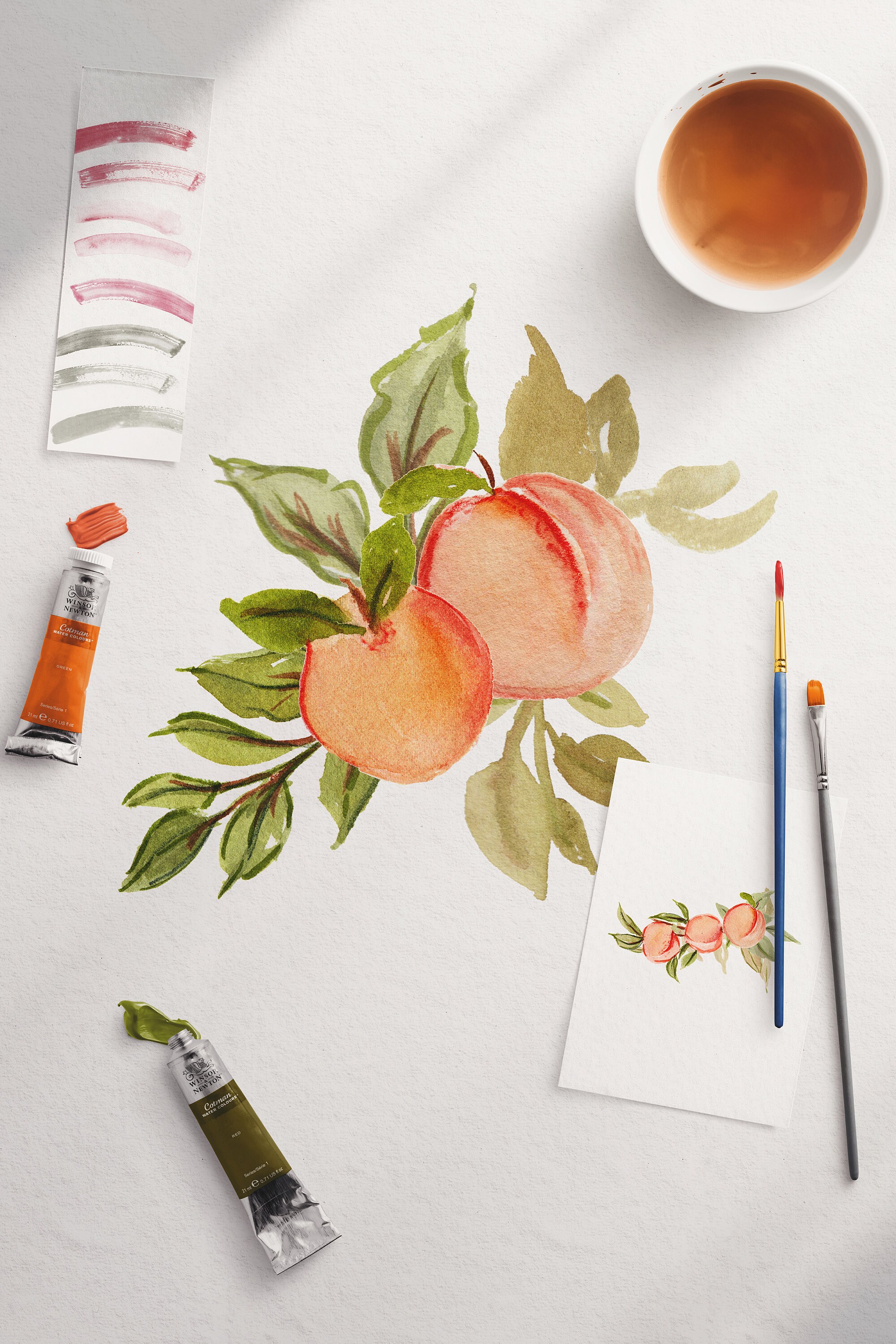 Greenery Summer Peaches Arrangements Watercolor Clipart, Peach Fruit ...