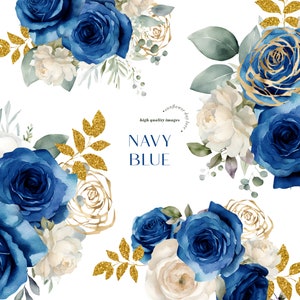Elegant Navy Blue Flowers Watercolor Bouquets Clipart, Gold Floral ...