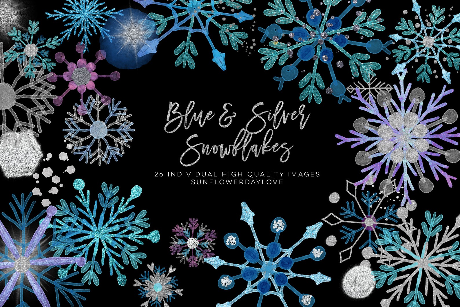 Silver Winter Clip Art Silver Glitter Snowflakes Clip Art - Etsy