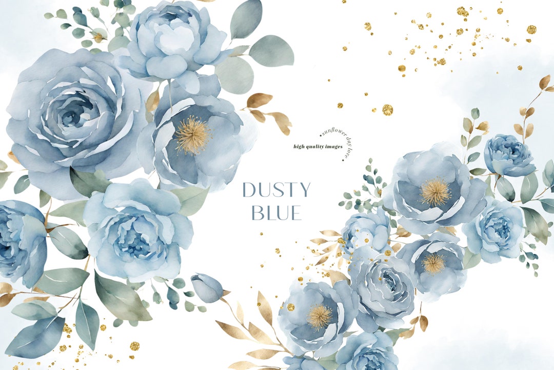 Watercolor Dusty Blue Flowers Clipart, Blue Flowers Bouquets Clipart ...