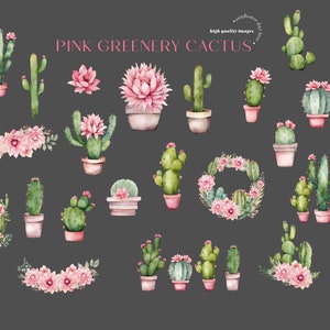 Watercolor Cactus Pink Flowers Clipart, Greenery Cactus Floral Clipart ...
