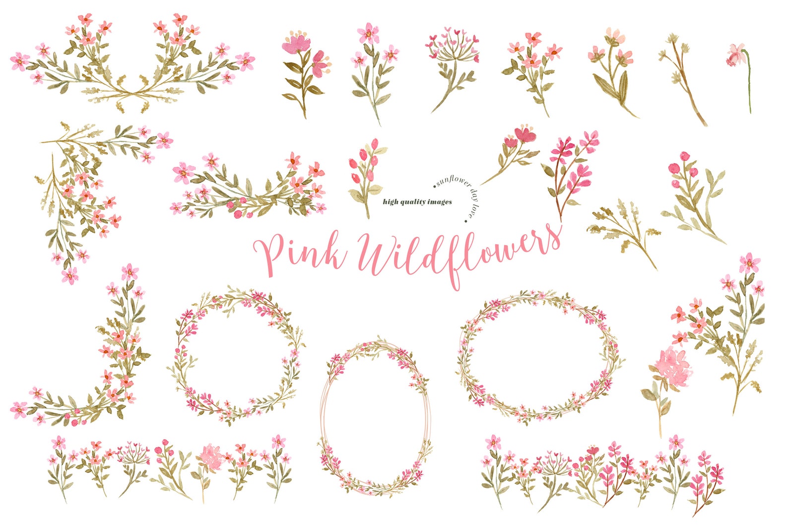 Pink Wildflower Watercolor Clipart Pink Flowers Frame - Etsy