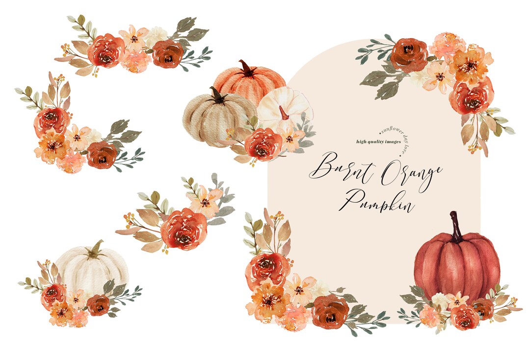 Arch Boho Fall Autumn Burnt Orange Pumpkins Watercolor Clipart, Burnt ...