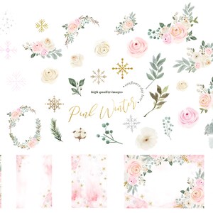 Elegant Winter Pink Floral Pine Trees Watercolor Clipart, Greenery ...