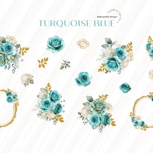 Elegant Turquoise Blue Flowers Watercolor Bouquets Clipart, Gold Floral ...