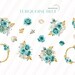 Elegant Turquoise Blue Flowers Watercolor Bouquets Clipart, Gold Floral ...